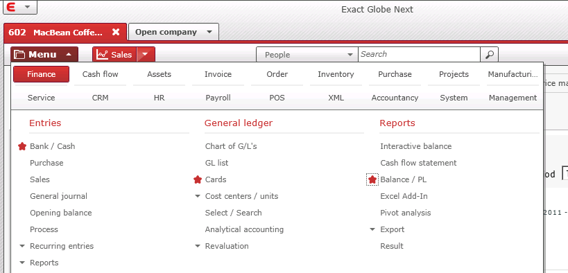 Navigation and menu in Exact Globe Next