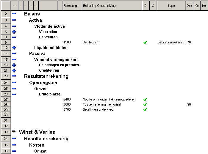 Selectiescherm grootboekrekeningen aanmaken en onderhouden
