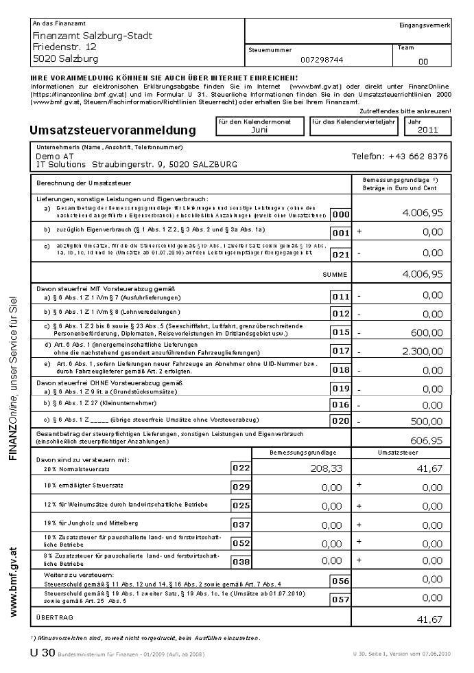 Generieren der Umsatzsteuer - Voranmeldung (UVA) für Österreich